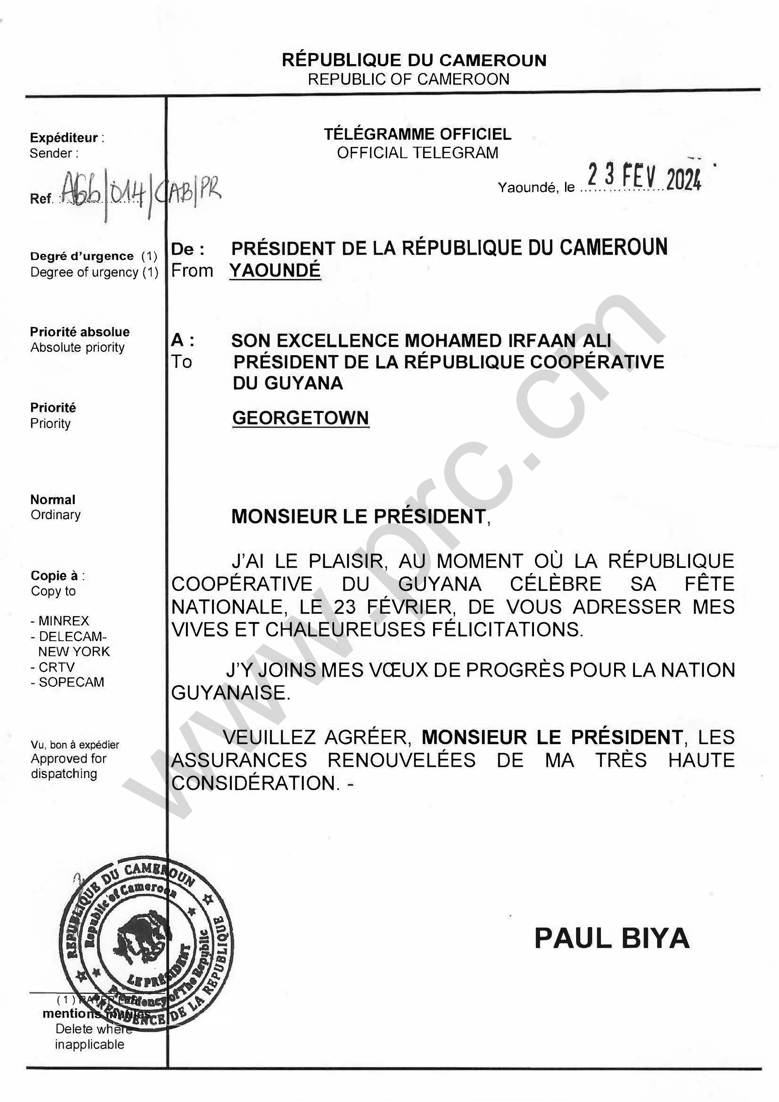 Message de félicitations du Chef de l’Etat à Son Excellence Mohamed Irfaan Ali, à l’occasion de ...